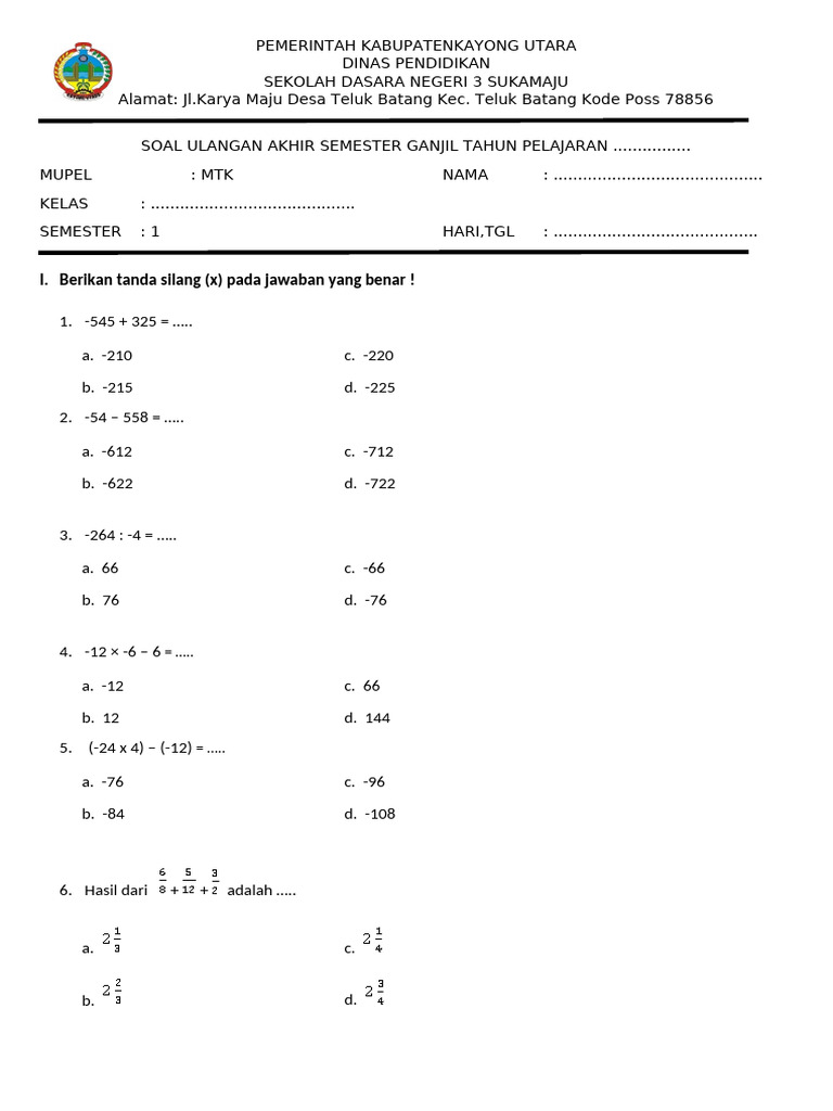 SOAL PAS MTK KLS 6 K-13 TP 2022.2023 | PDF