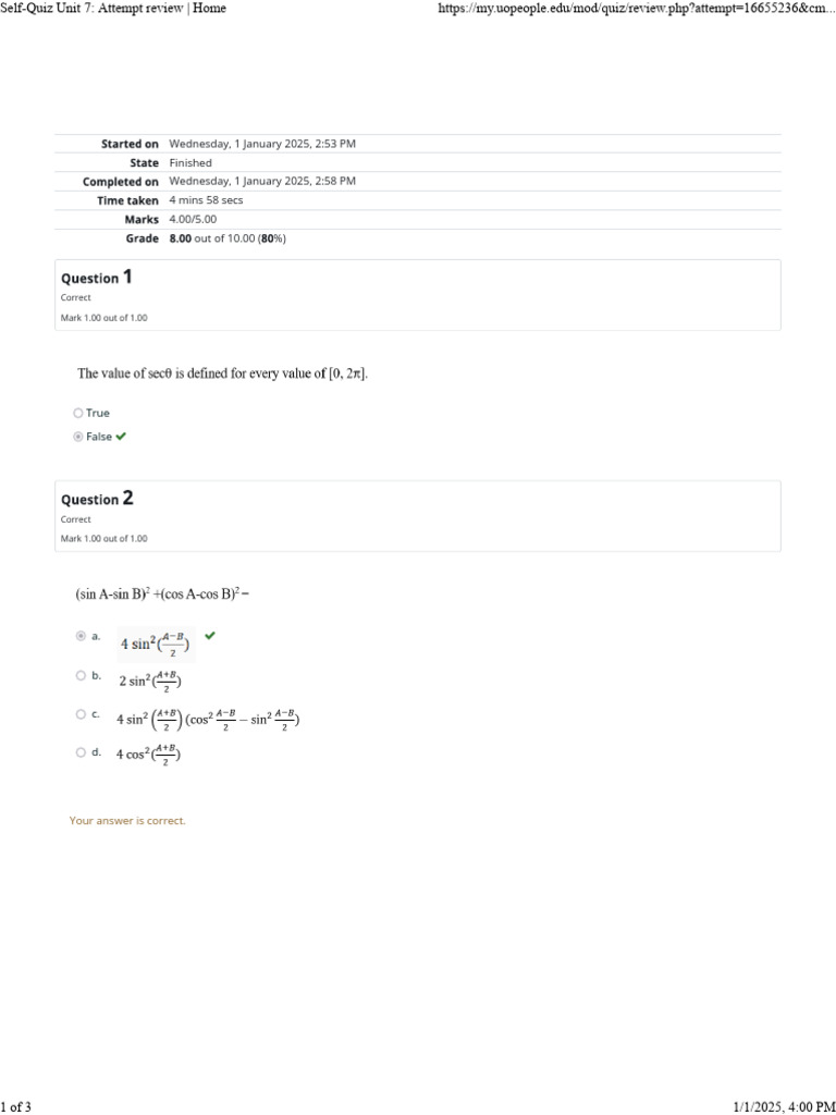 Self-Quiz Unit 7 - Attempt Review - Home | PDF