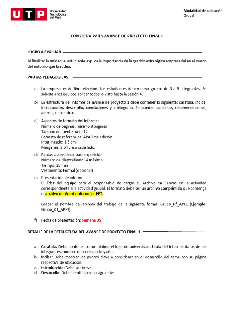 Indicaciones Avance Proyecto Final 1 (APF1) | PDF | Puntuación | Análisis FODA
