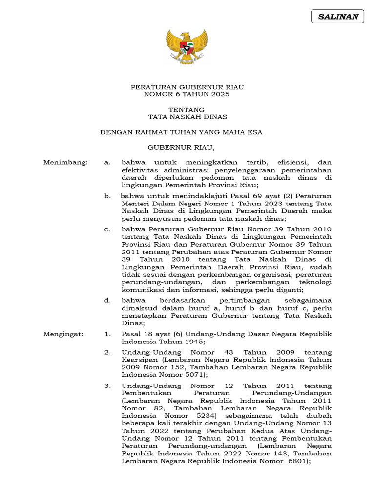 PERGUB No 6 Tahun 2025 Tentang Tata Naskah Dinas Salinan | PDF