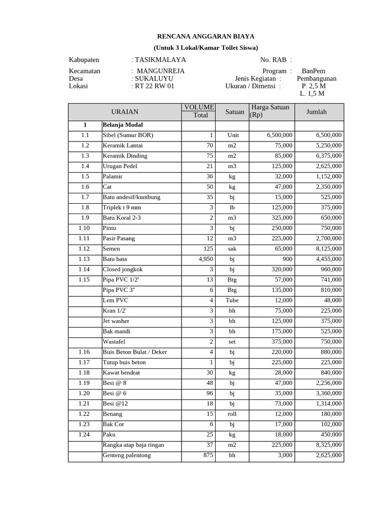 12.RAB-TOILET SMPN SATAP 1 Mangunreja | PDF