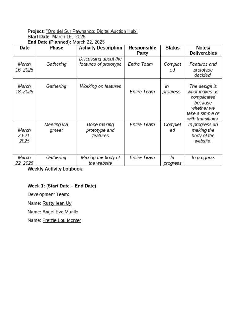 Weekly Activity Logbook | PDF
