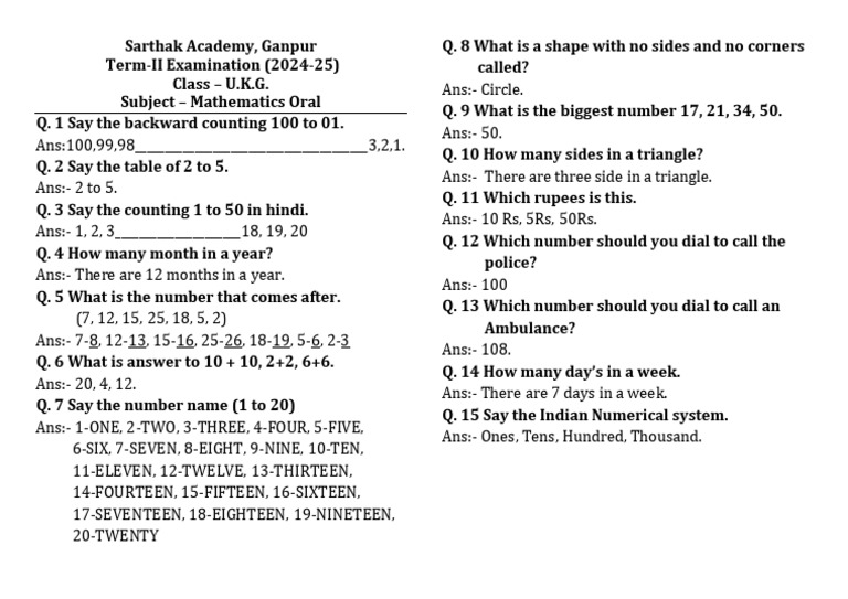 Class-UKG - Maths Oral For Parents | PDF | Mathematics | Elementary ...
