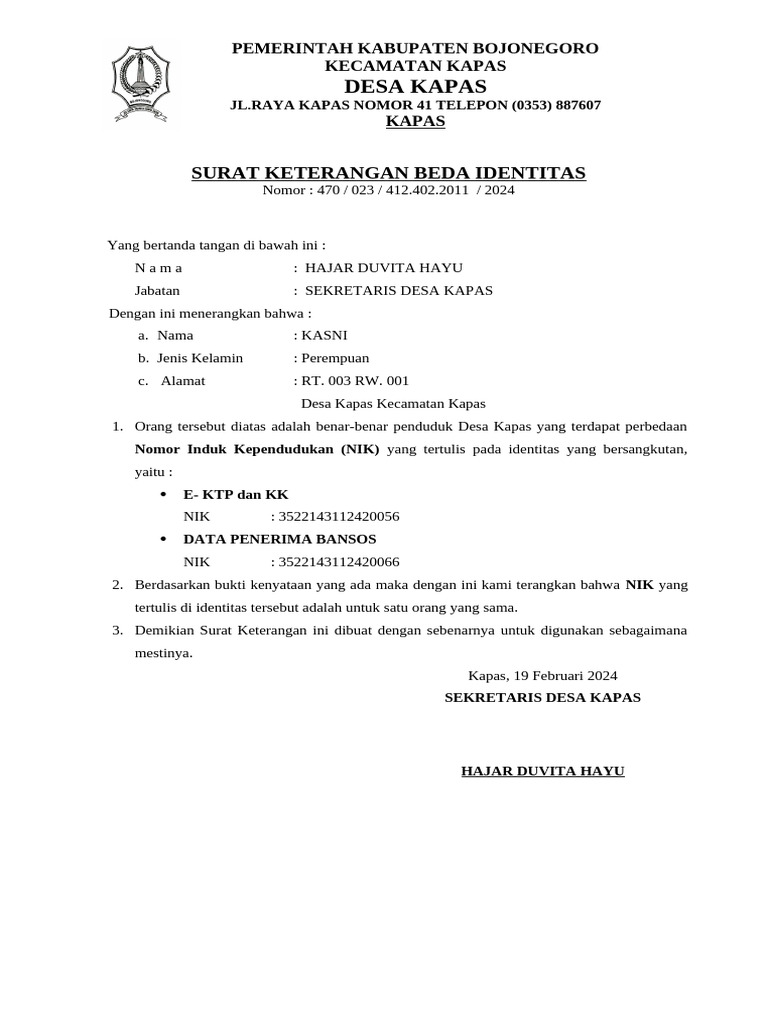 Surat Ket. BEDA Identitas | PDF