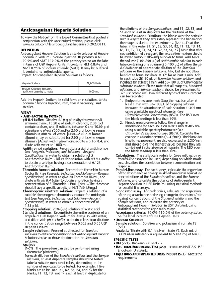 Anticoagulant Heparin Solution | PDF | Ph