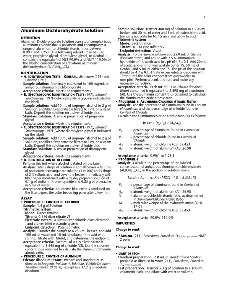 Aluminum Dichlorohydrate Solution Analysis | PDF | Titration | Chemistry