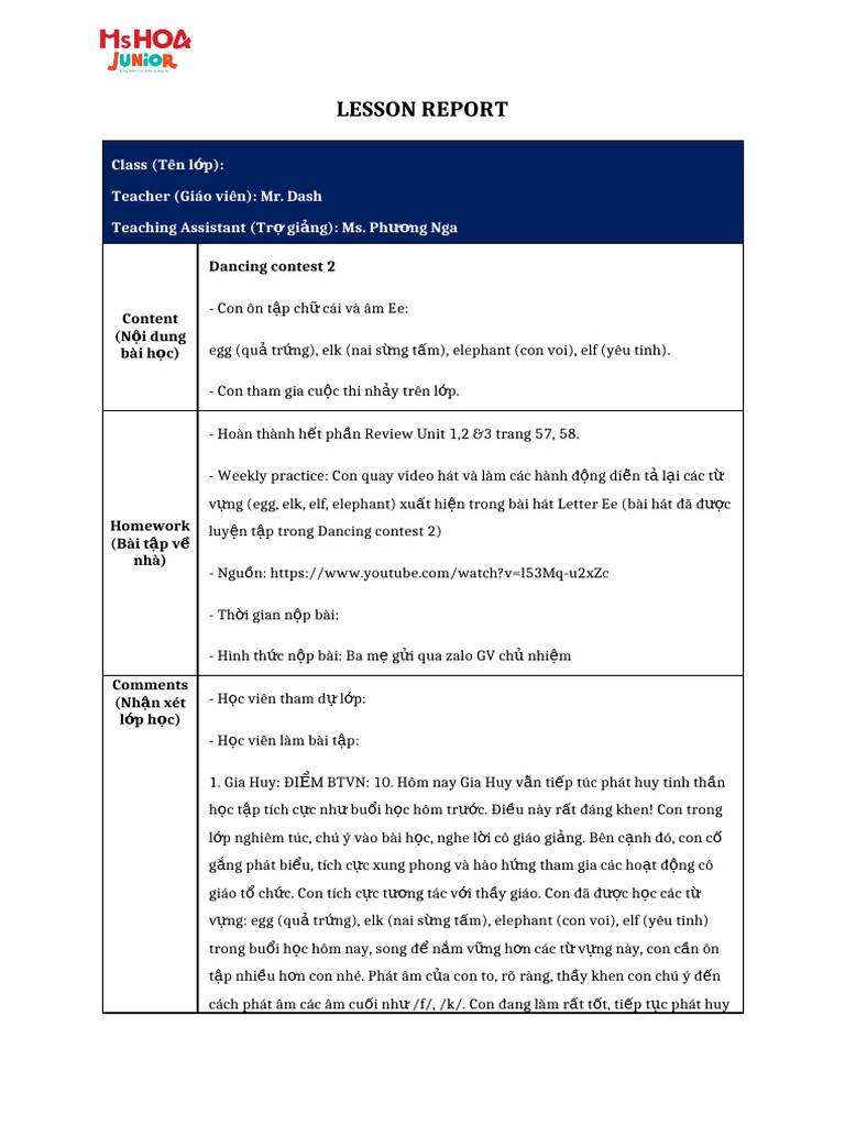 Lesson Report - Dancing Contest 2 - Kiddie | PDF