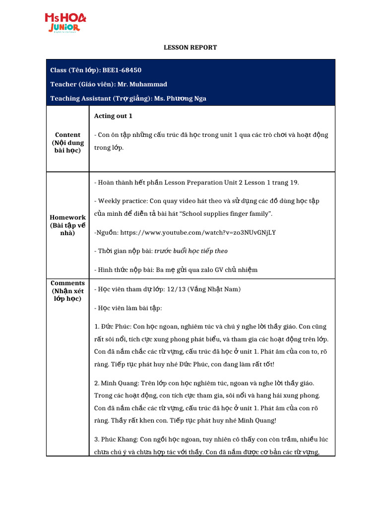 Lesson Report - Acting Out 1 - Kiddie | PDF