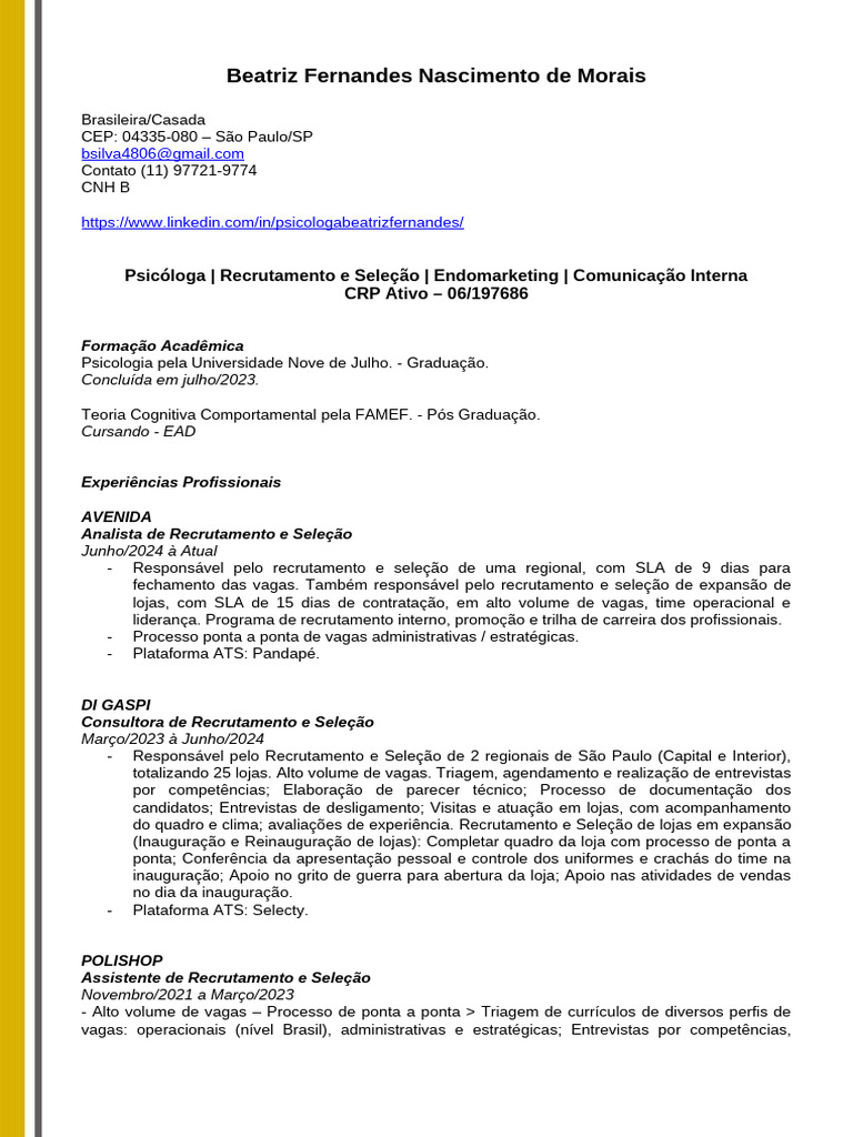 Beatriz Fernandes - CV | PDF | Recrutamento | Psicologia