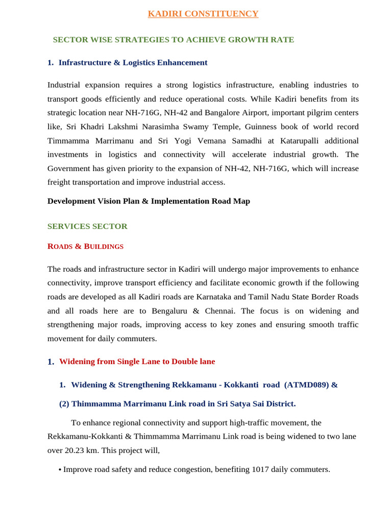 Kadiri constituency vision plan -2025 | PDF | Transport | Economies