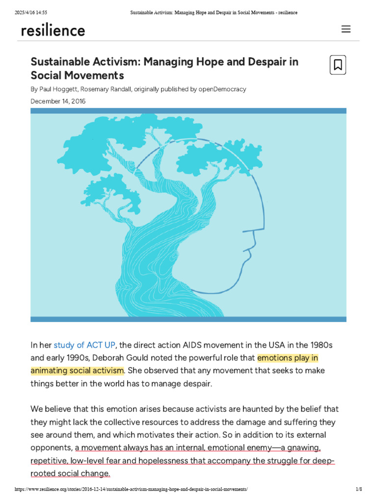 4.16 Sustainable Activism - Managing Hope and Despair in Social Movements - Resilience | PDF ...