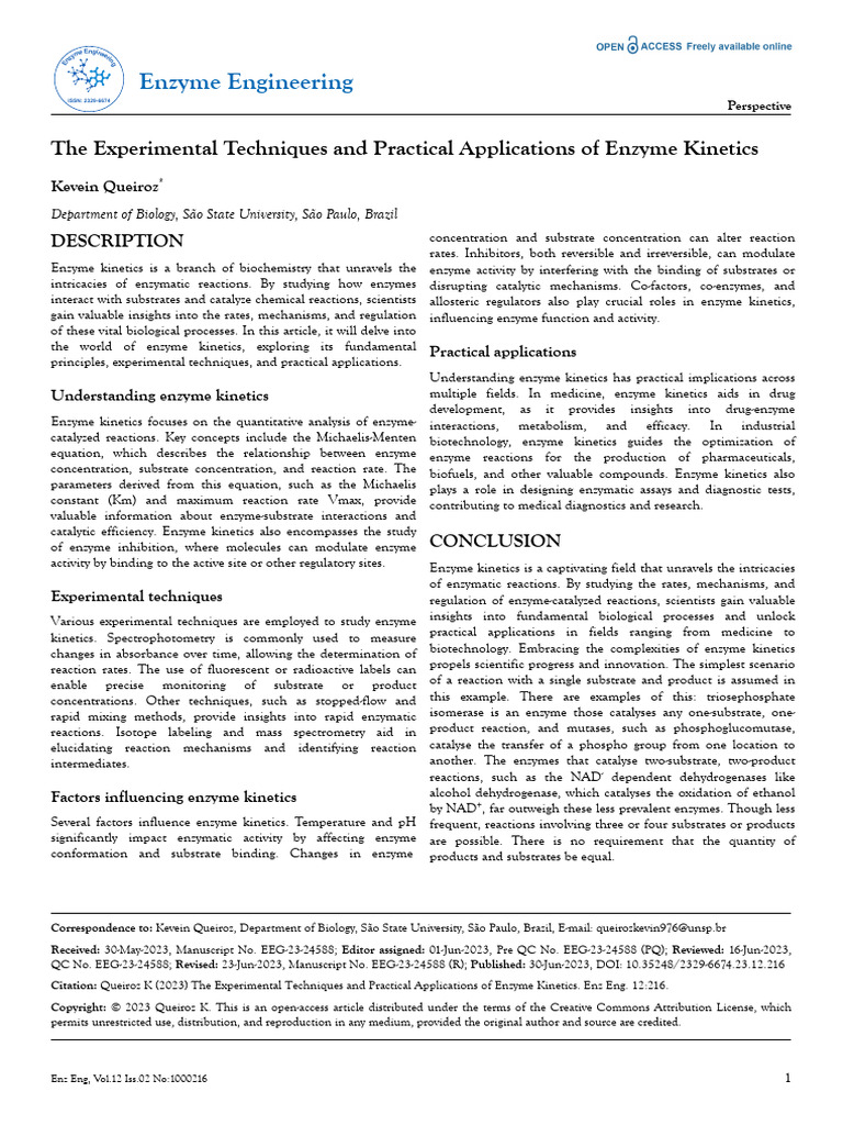 The Experimental Techniques and Practical Applications of Enzyme ...