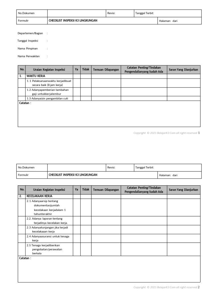 Form Check List Inspeksi K3-Lingkungan (General Inspection) | PDF