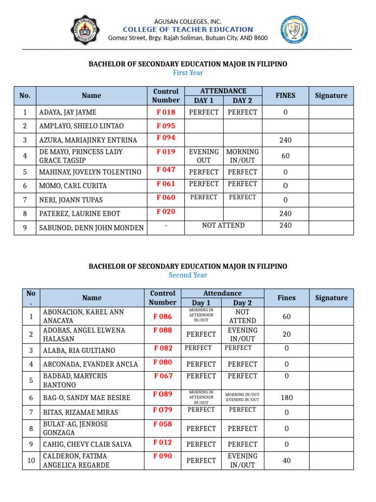 Bsed Filipino-Attendance-Slip | PDF