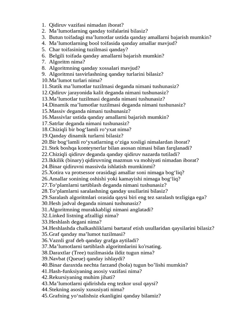 Nazorat Savollari | PDF