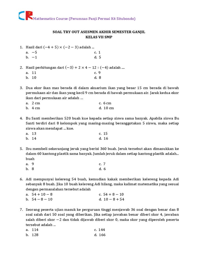 Soal Try Out Asesmen Akhir Semester Ganjil Kelas Vii SMP | PDF