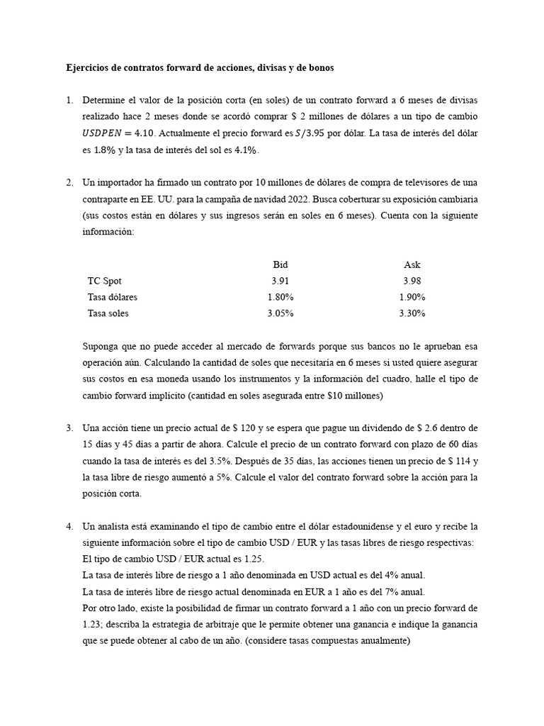 Ejercicios de Forward de Acciones, Divisas y Bonos | PDF | Compartir (Finanzas) | Tipo de cambio