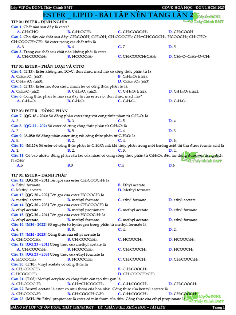 3 - BT HOÁ HỌC - ESTER - LIPID LẦN 2 | PDF