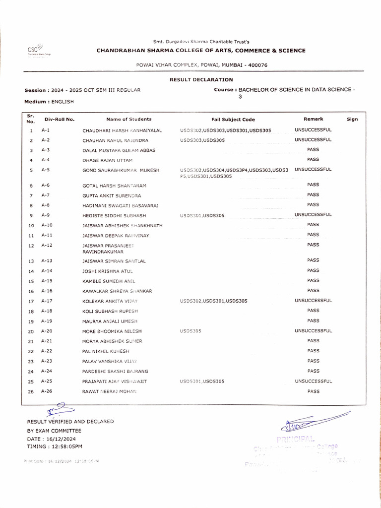 Bachelor of Science in Data Science Sem 3 Regular Oct 2024 | PDF