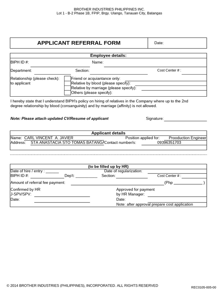 REC0101-249-00 - Applicant Referral Form | PDF | Marriage
