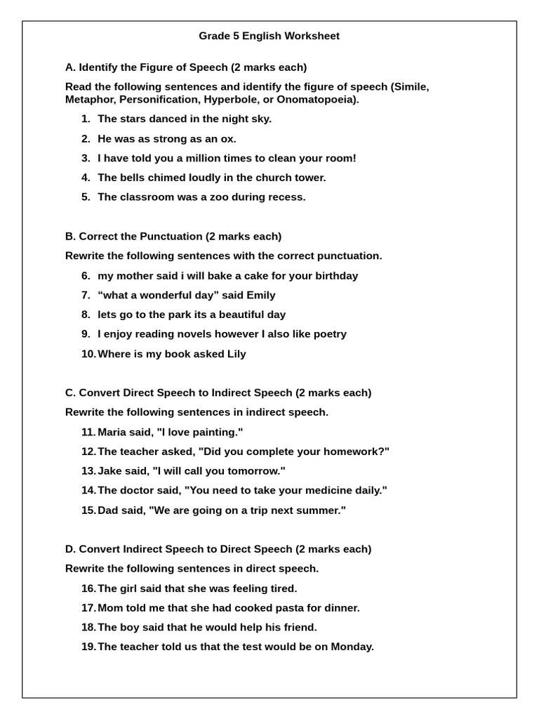 Grade 5 English Worksheet | PDF