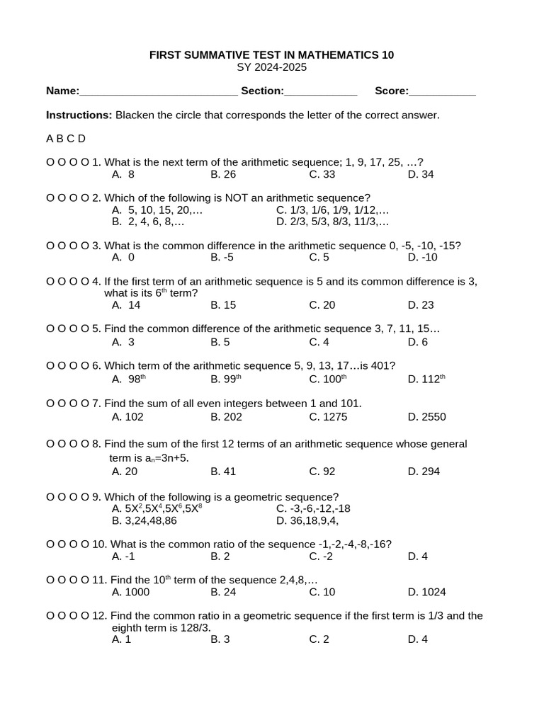 1st Summative Test in Math 10 | PDF | Summation | Elementary Mathematics