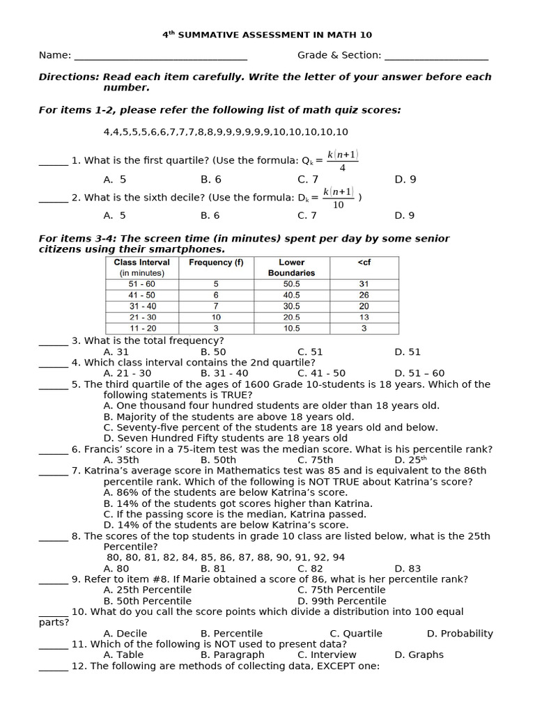 4th Summative Test in Math | PDF | Percentile | Median