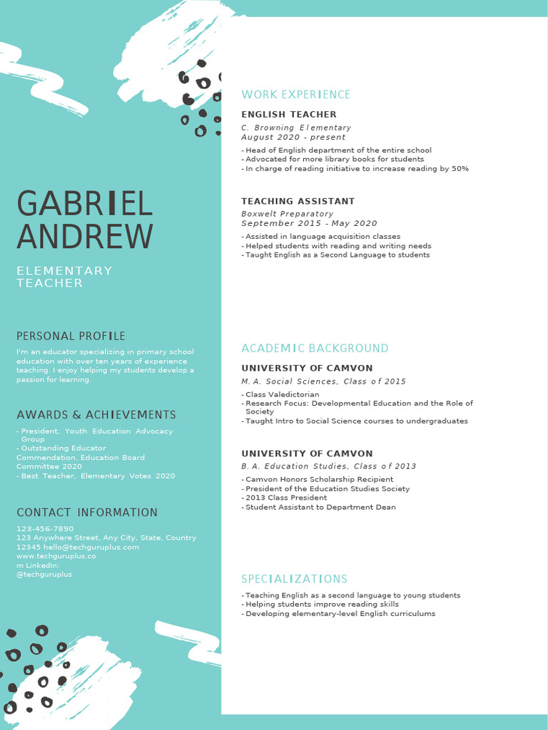 Elementary Teacher Editable Resume Template Download in Docx 16 | PDF ...