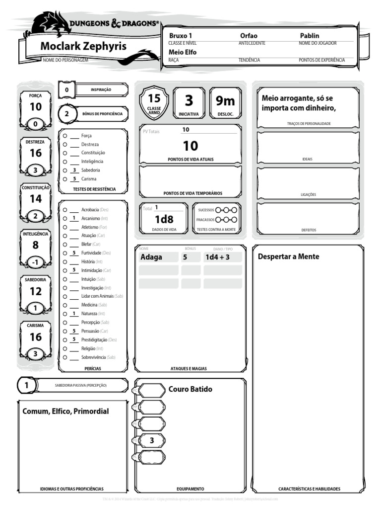 Ficha de Personagem: Moclark Zephyris | PDF