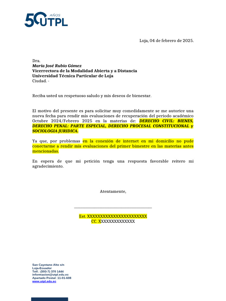 Carta Modelo para Solicitar Nueva Fecha | PDF
