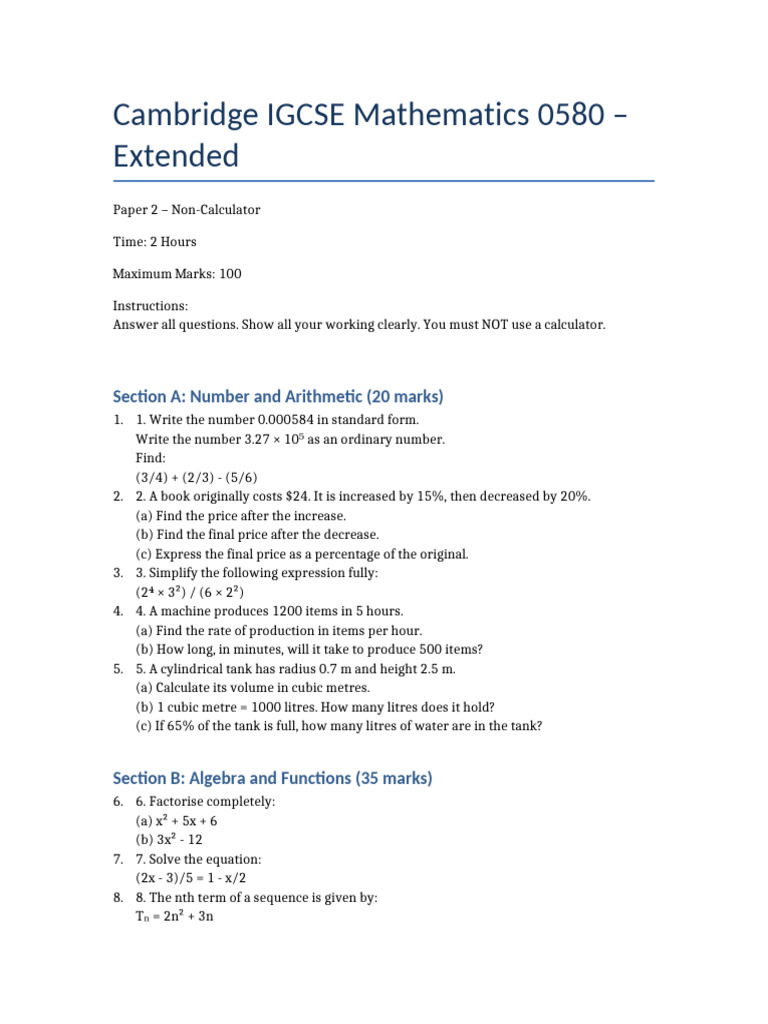Igcse Maths Extended Paper2 Pdf Mathematics Equations