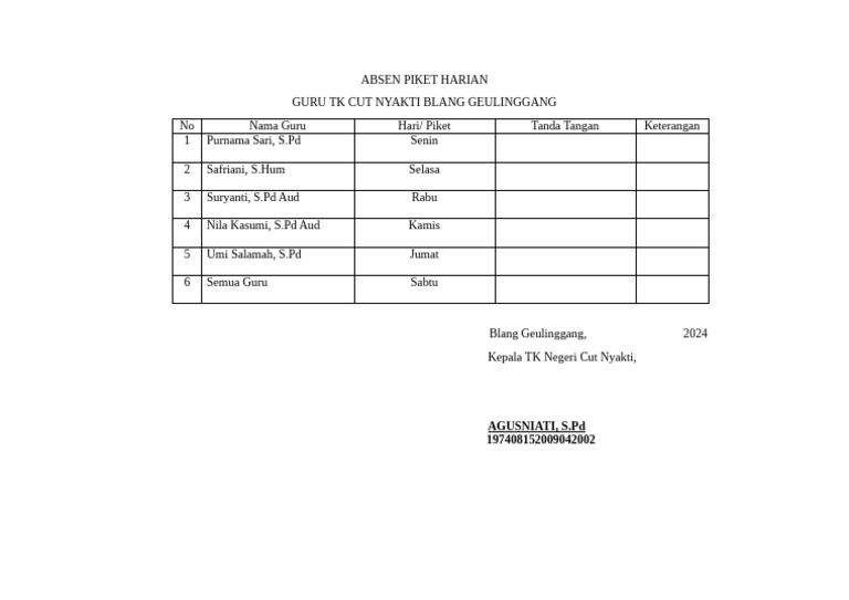 Contoh Absen Piket Harian Guru TK | PDF