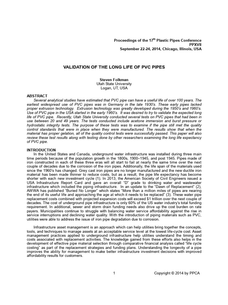 Validation of The Long Life of PVC Pipes Steven Folkman | PDF ...