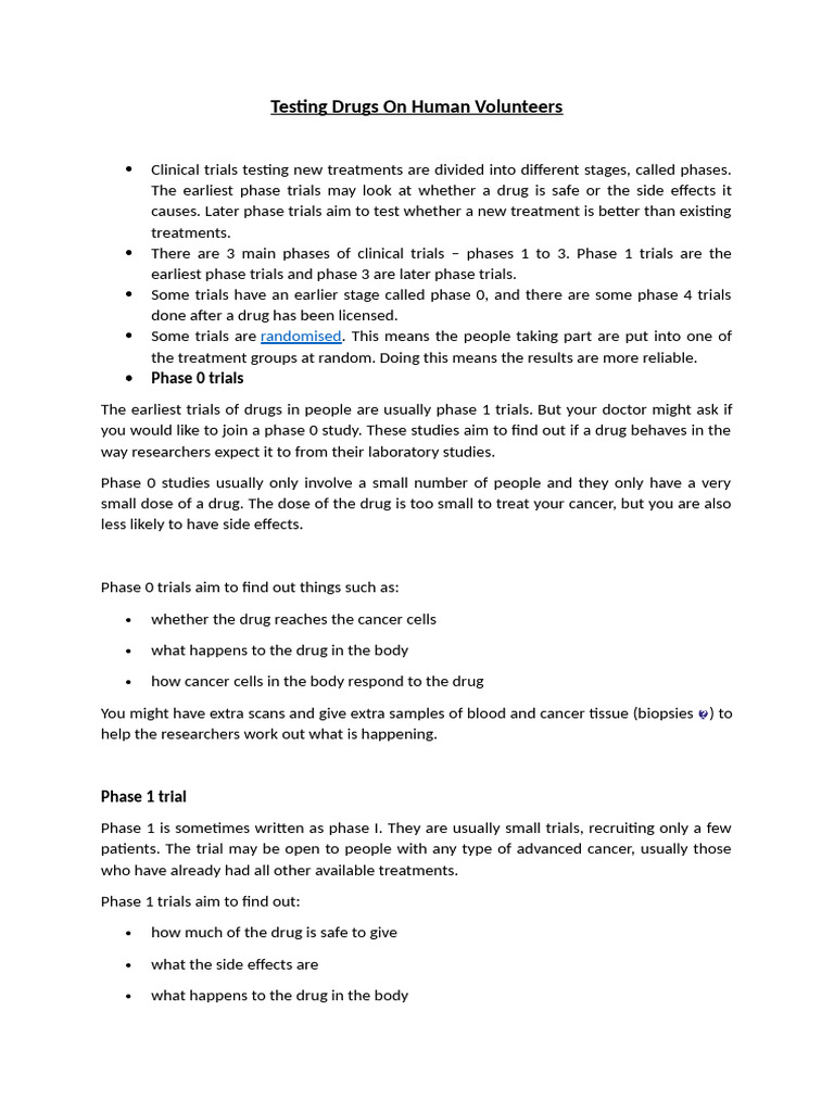 Testing Drugs On Human Volunteers | PDF | Phases Of Clinical Research ...