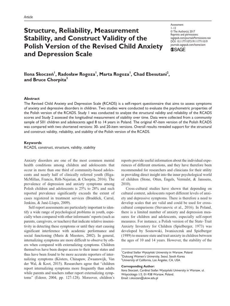 Skoczen 2017 RCADS Polska Wersja | PDF | Obsessive–Compulsive Disorder ...