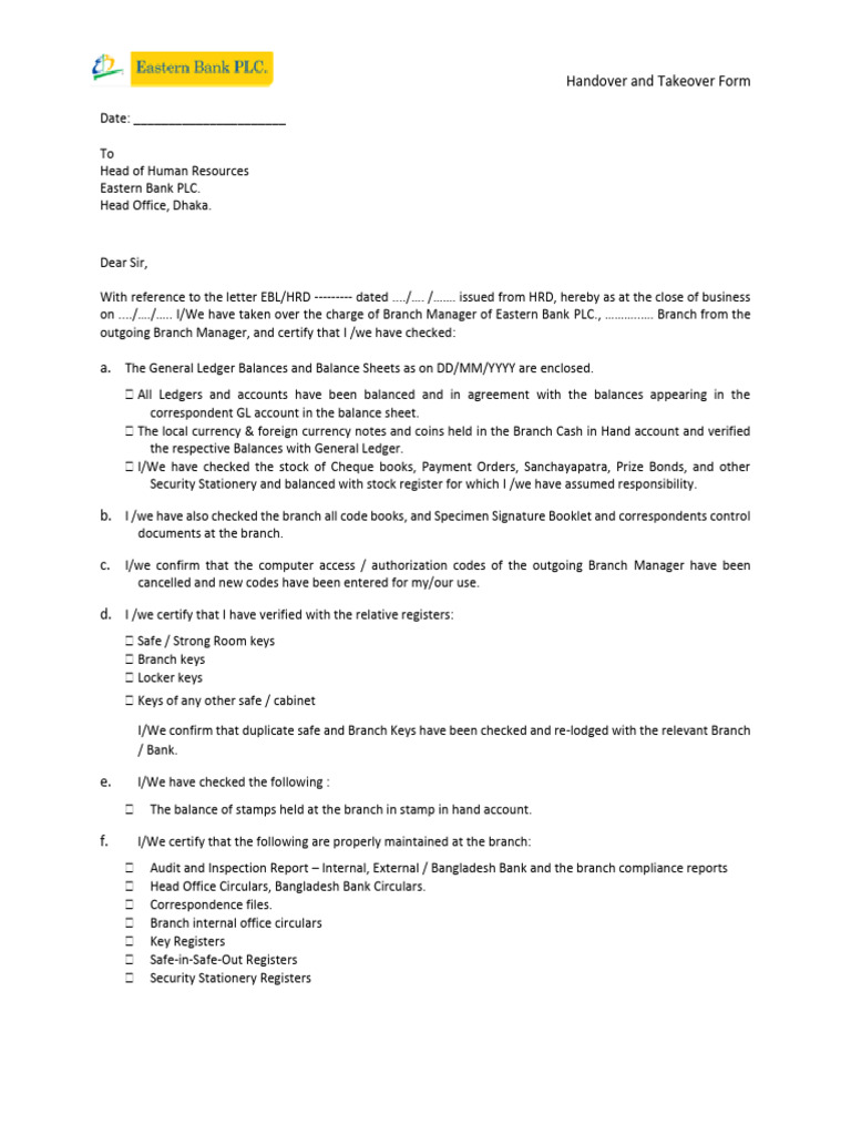 Handover Takeover Format For BM | PDF | Business | Money