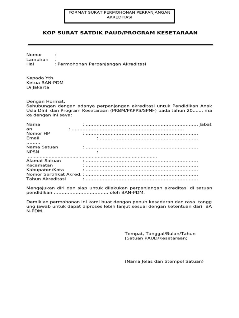 Format Surat Permohonan Perpanjangan Akreditasi PAUD dan Program ...