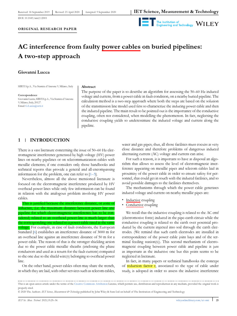 42 AC Interference From Faulty Power Cables On Buried Pipelines - A Two ...