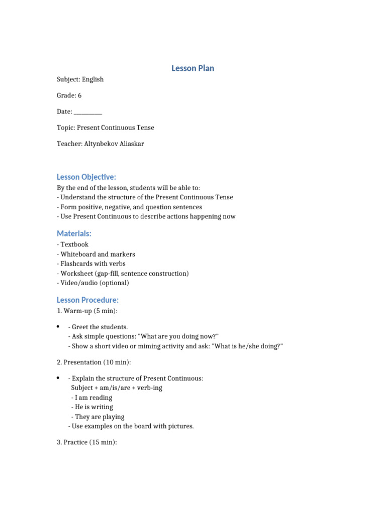 Present Continuous Lesson Plan Aliasqar | PDF