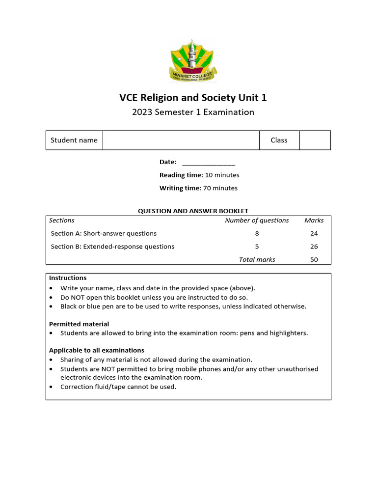 2023 Unit 1 Religion and Society Exam (Sem 1) | PDF | Psychological ...
