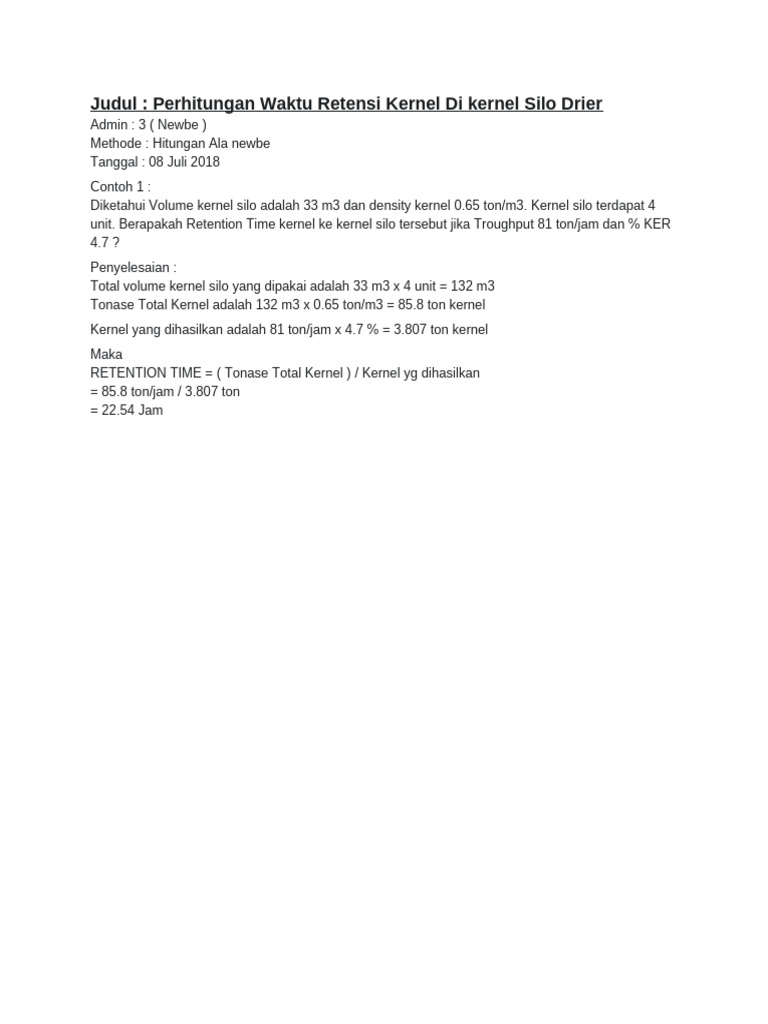 Perhitungan Waktu Retensi Kernel Di Kernel Silo Drier | PDF