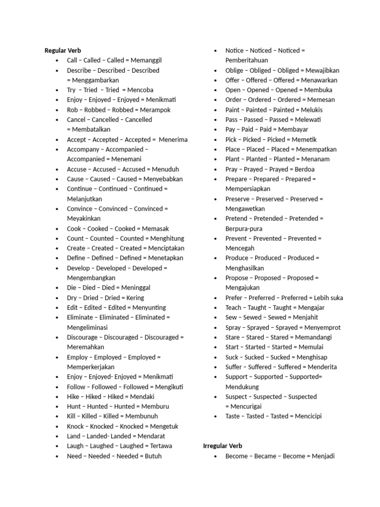 Regular and Irregular Verbs List | PDF