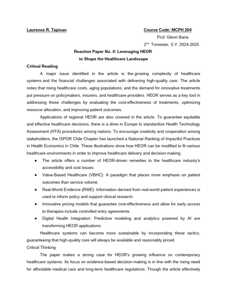 Reaction Paper No. 4 - LAURENCE R. TAPICAN | PDF | Health Care ...