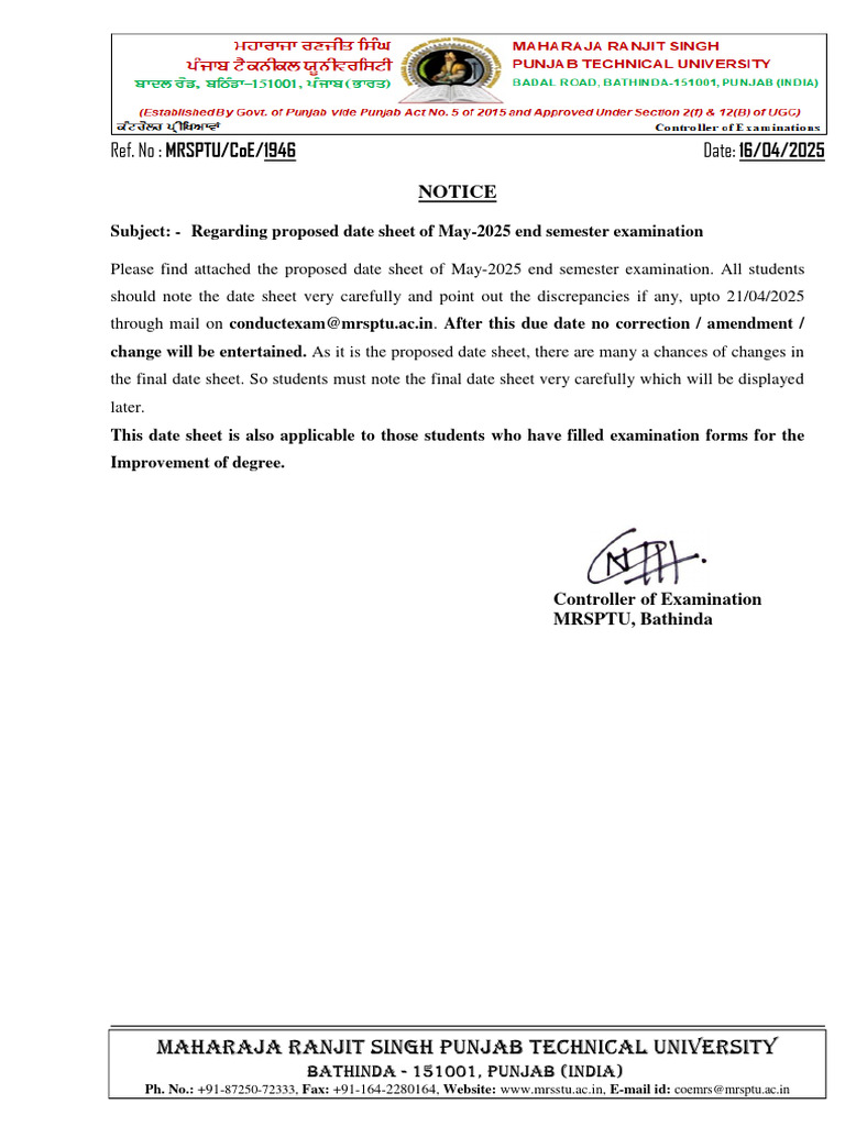 Regarding Proposed Date Sheet of May-2025 End Semester Examination ...