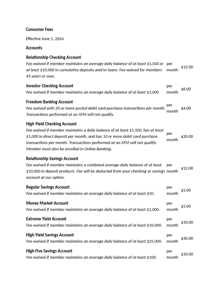 2024 Consumer Fee Schedule Overview | PDF | Transaction Account | Cheque