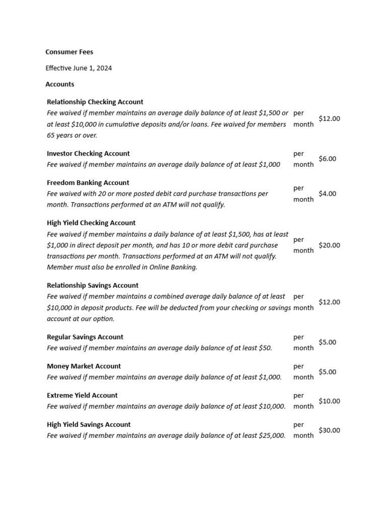 MIDFLORIDA Consumer Fees Overview | PDF | Transaction Account | Credit Card