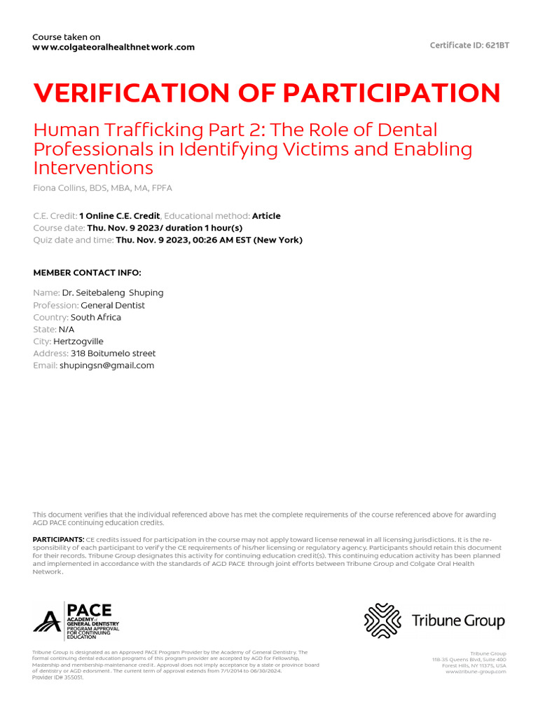 CE Certificate Human Trafficking Part 2 The Role of Dental ...