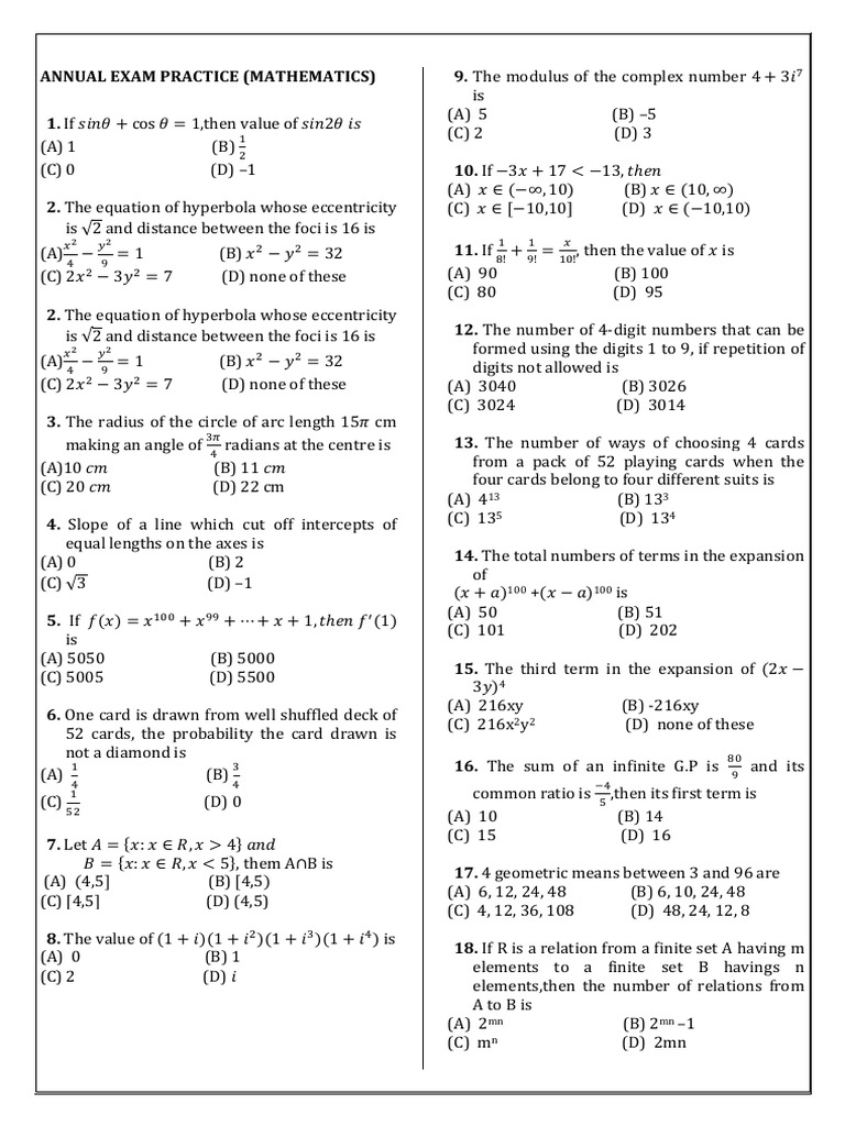 Annual Mathematics Exam Practice | PDF | Mathematical Objects | Numbers