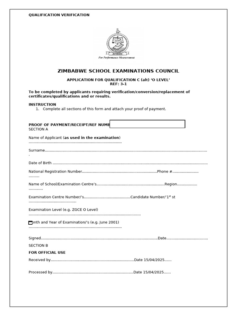ZIMSEC Qualification Verification Form | PDF