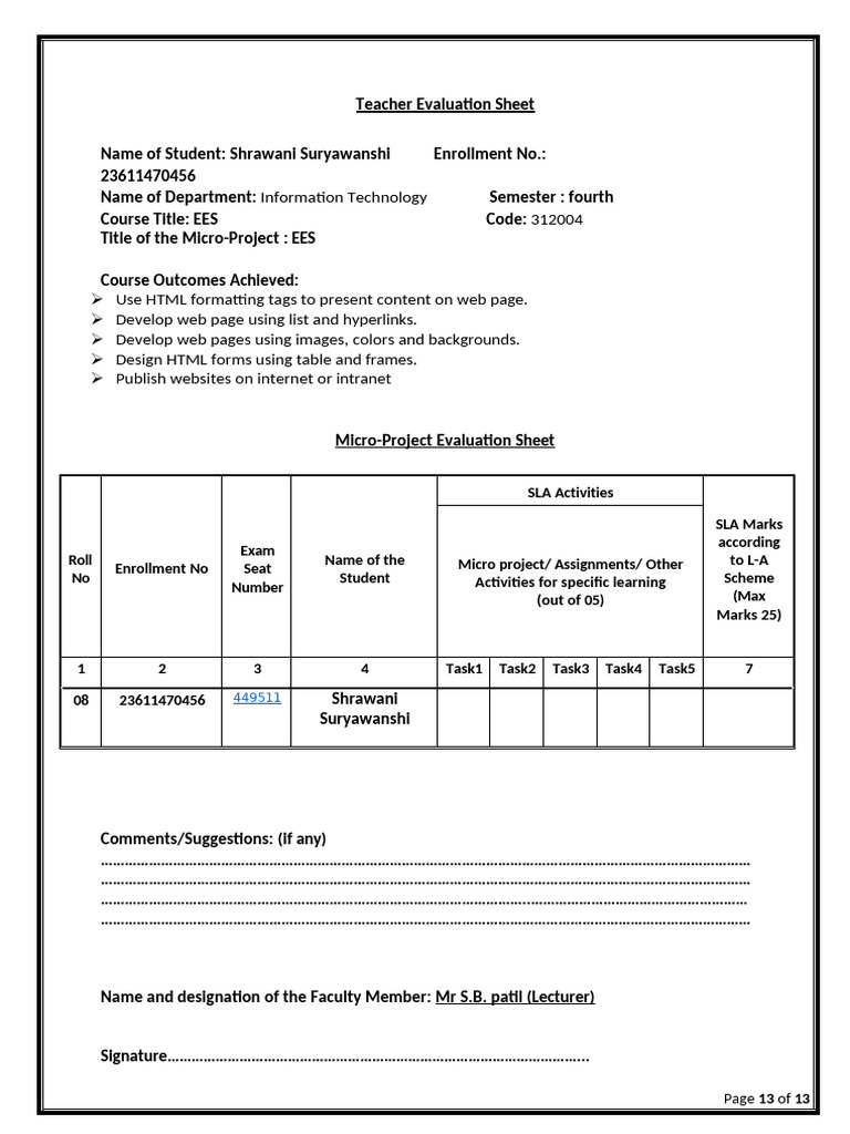 Ees Micro Project Evaluation Sheet Pdf